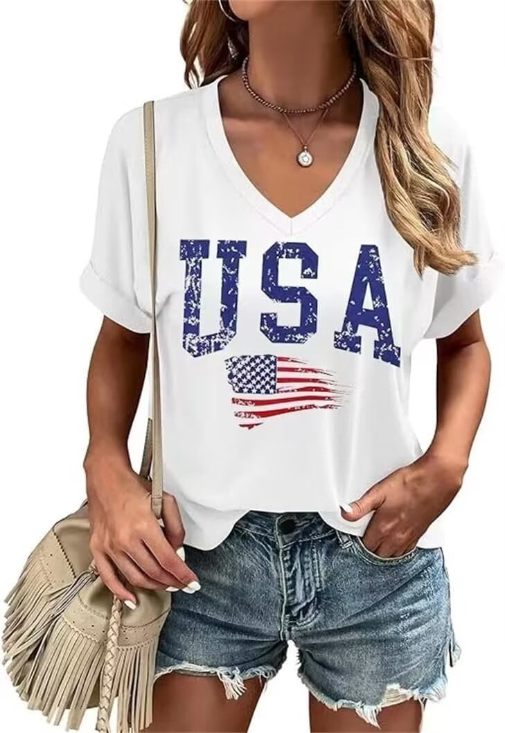 Womens American Flag T-Shirts 4th of July Shirts Patriotic Independence Day Tops (L,V White ...