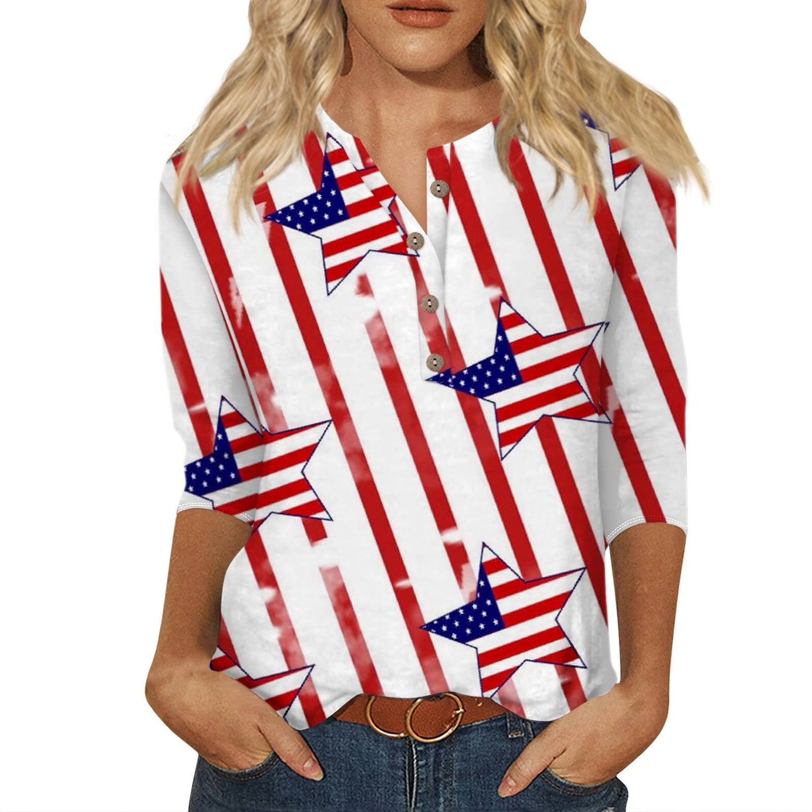 Womens American Flag Tops 3/4 Sleeve Button Henley Neck Cute Shirts ...