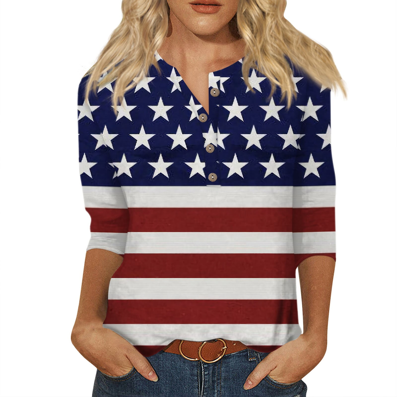 Womens American Flag Tops 3/4 Sleeve Summer USA Flag Star Stripes Print ...