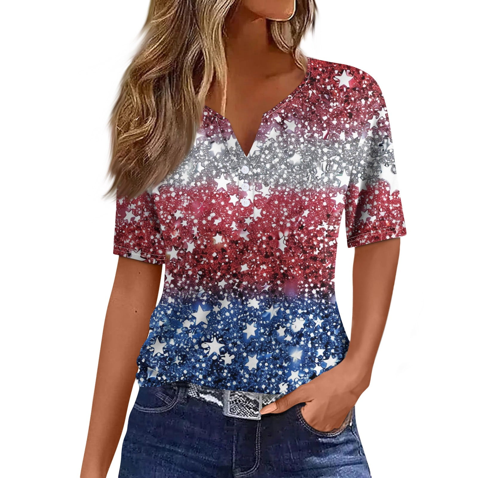 Womens American Flag Tops 3/4 Sleeve Summer USA Flag Star Stripes Print ...