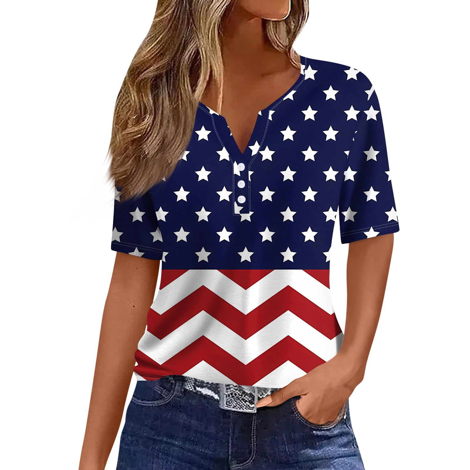 Womens American Flag Tops 3/4 Sleeve Summer USA Flag Star Stripes Print ...