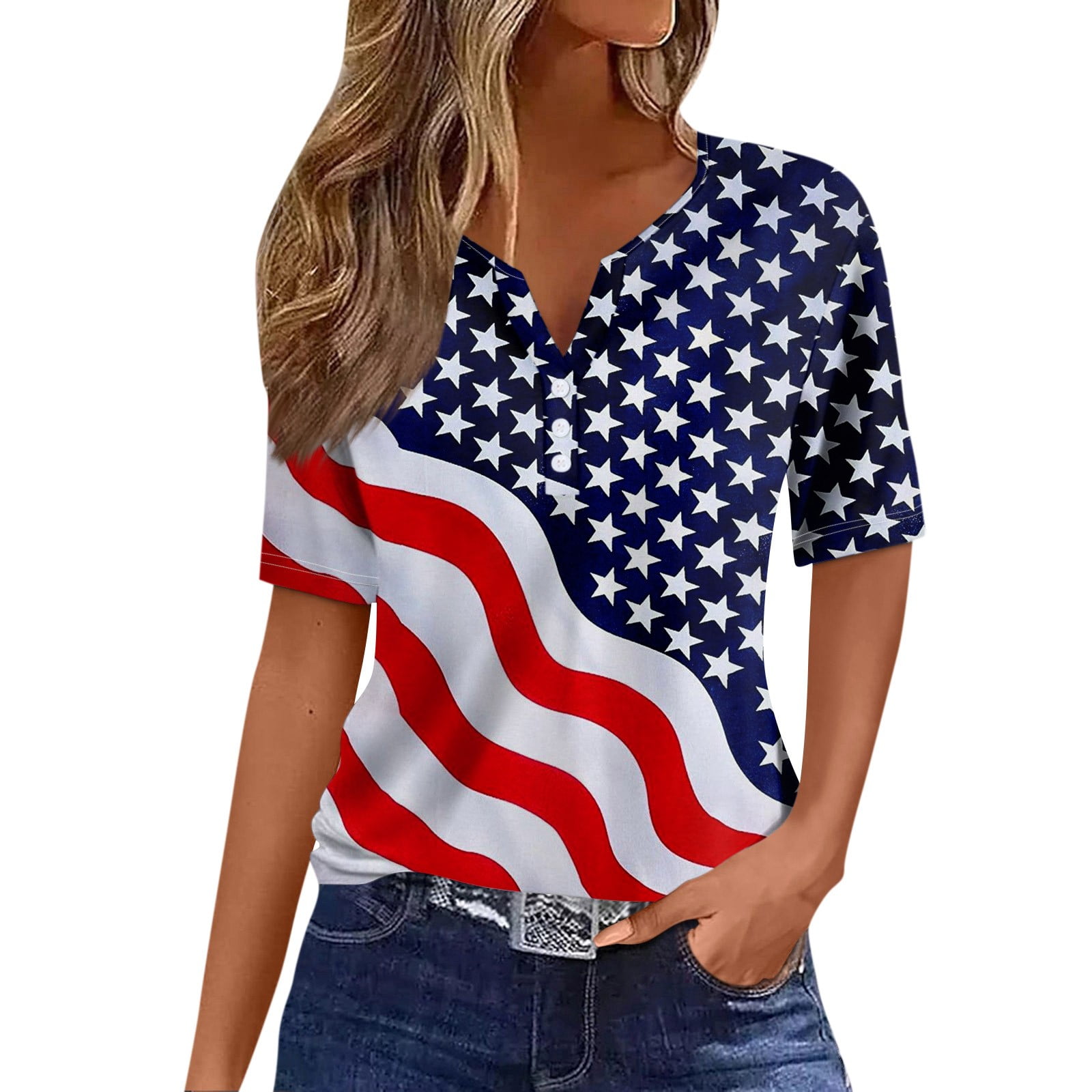 Womens American Flag Tops Casual 3/4 Length Sleeve Button Henley Neck ...