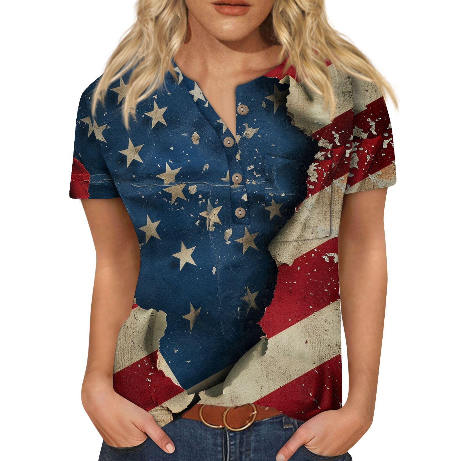 Womens American Flag Tops Short Sleeve Button Henley Neck Cute Shirts ...
