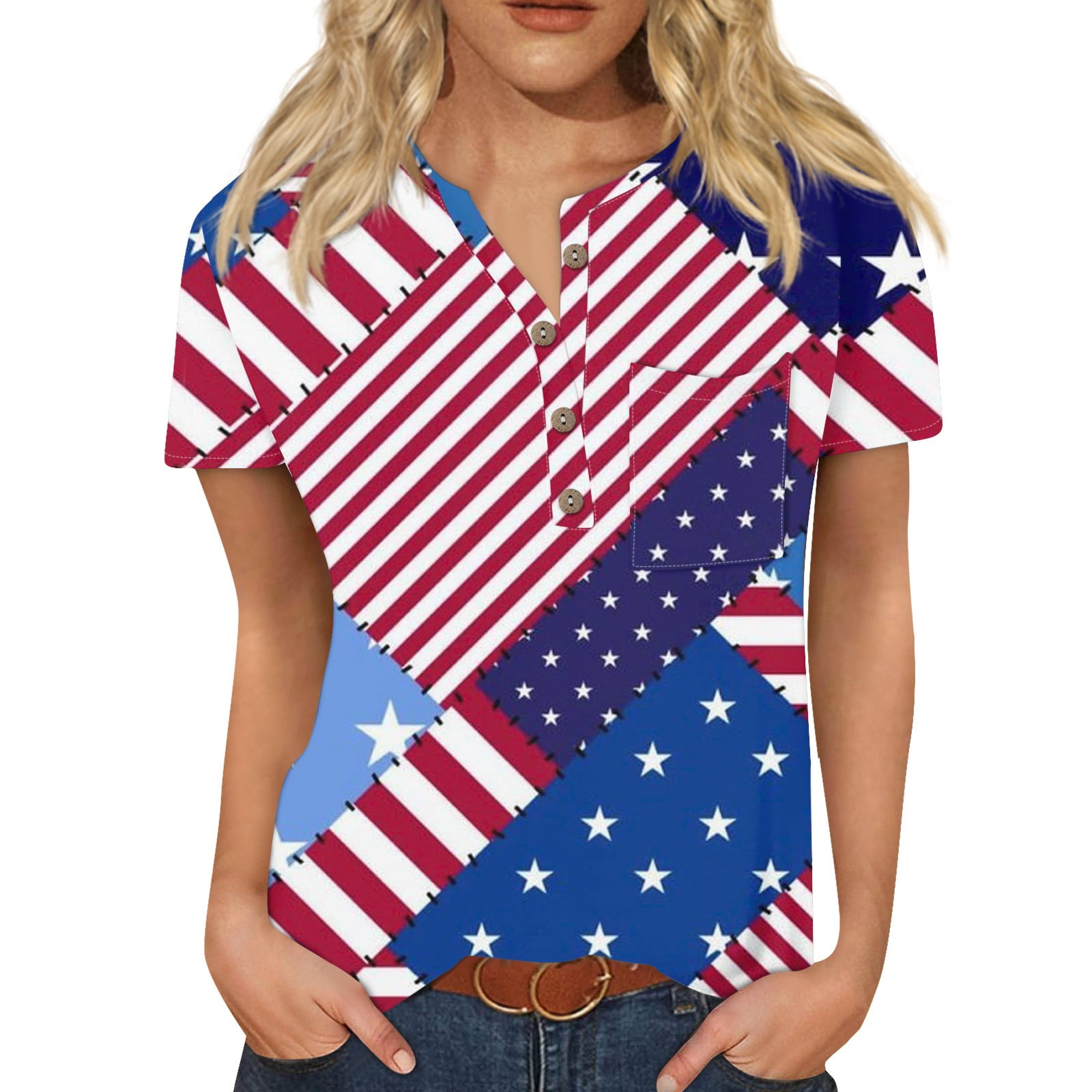 Womens American Flag Tops Short Sleeve Summer 4th of July Tops Button ...