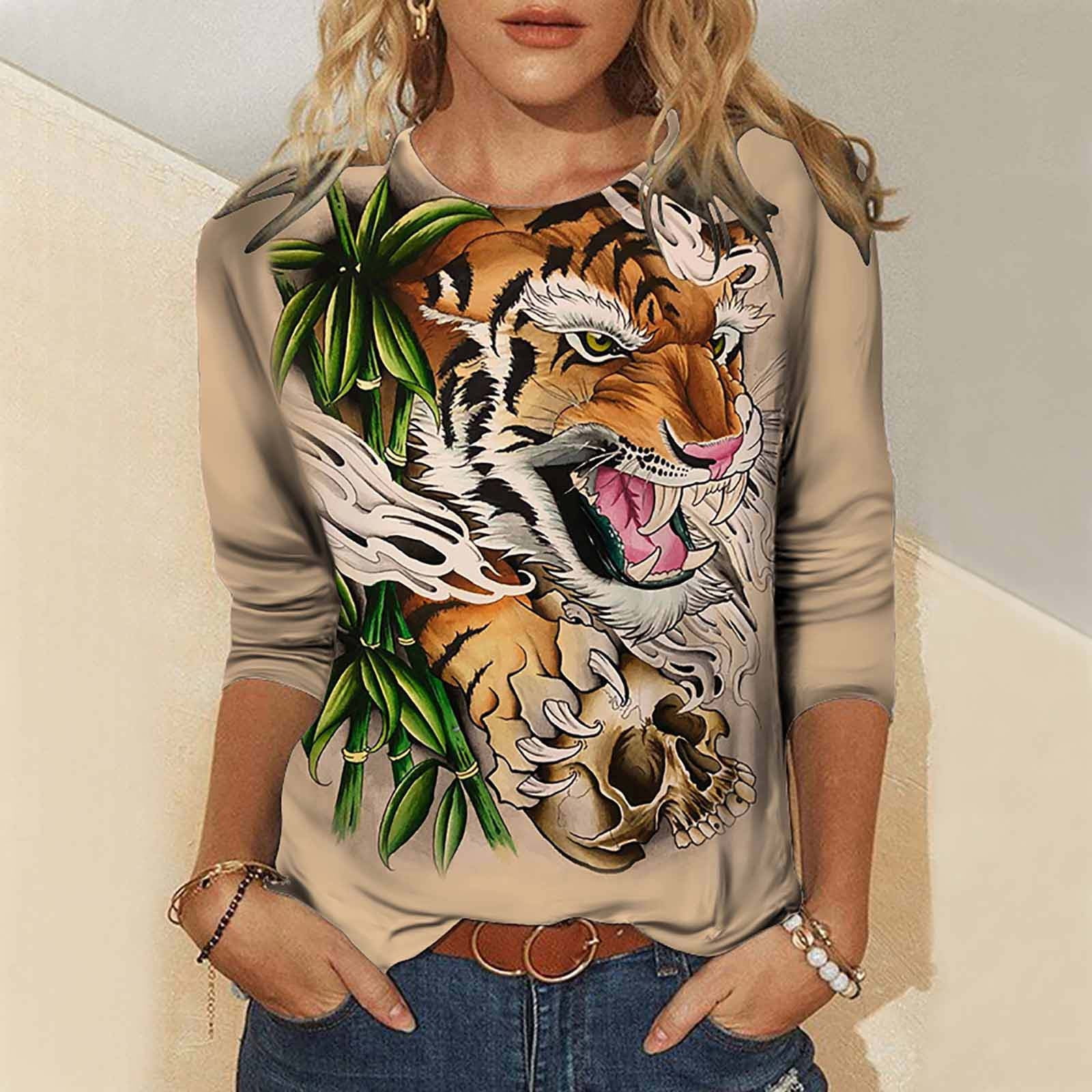 Womens Animal Graphic T Shirt Novelty Tiger Leopard Print Tees 3/4 ...
