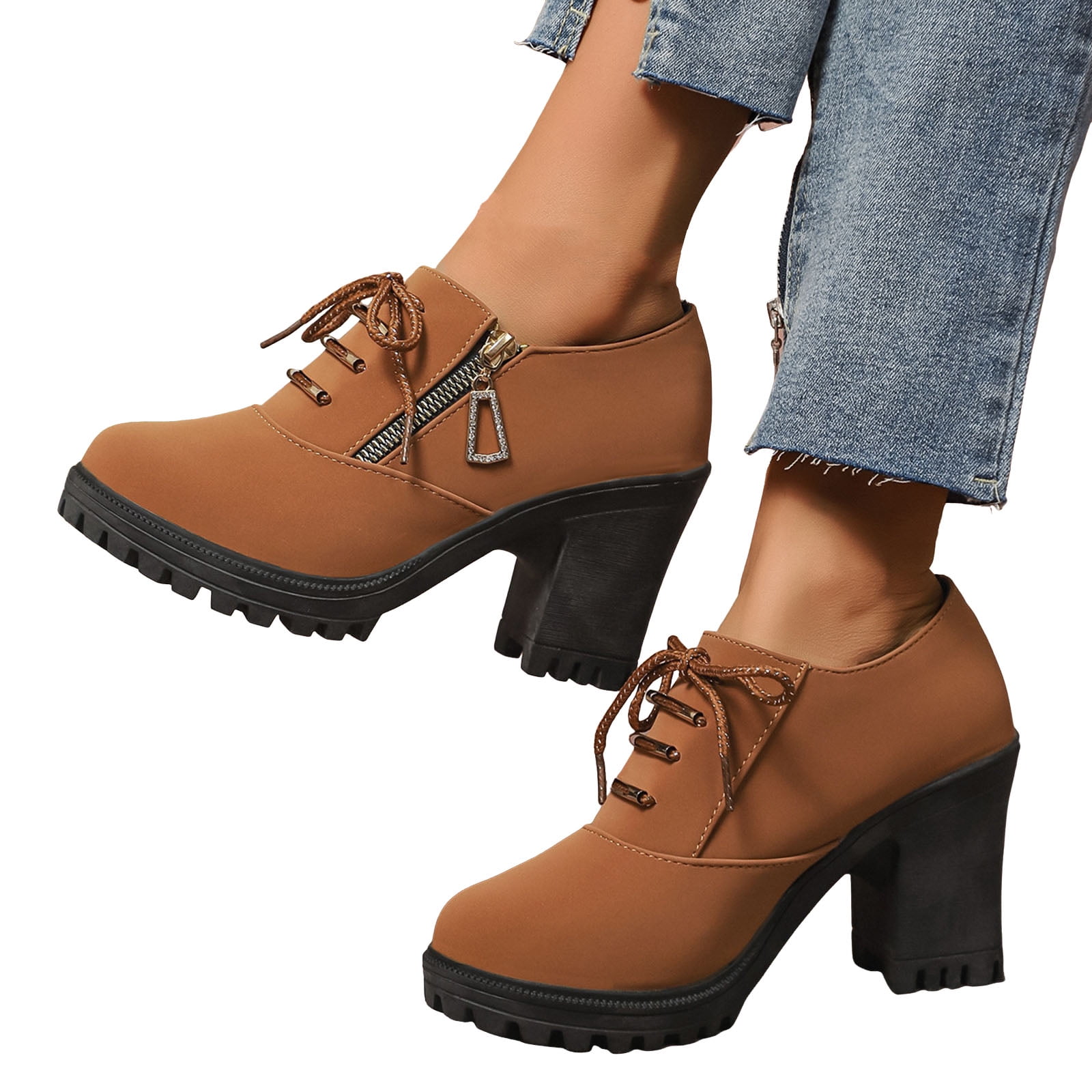 Womens Ankle Boots Low Top Lace up Platform Lug Sole Chunky High Heel ...