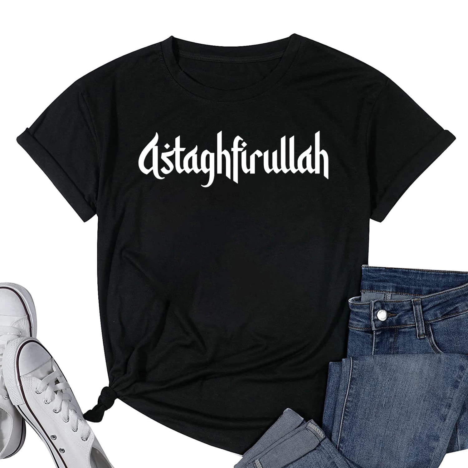 Womens Astaghfirullah Arabic Text Islam Muslim Gift Tee T-Shirt Black ...