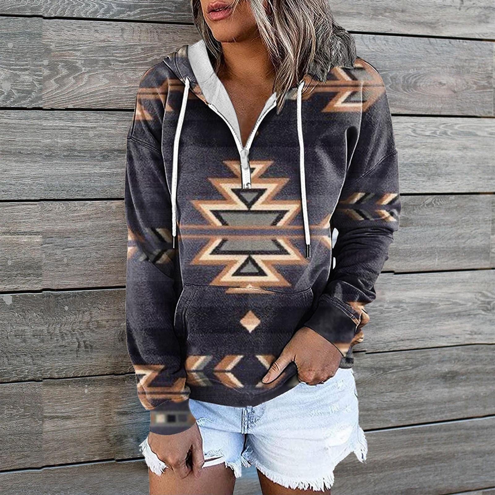 Womens Aztec Half Zip Up Hoodies Sweatshirt Womens Casual Aztec