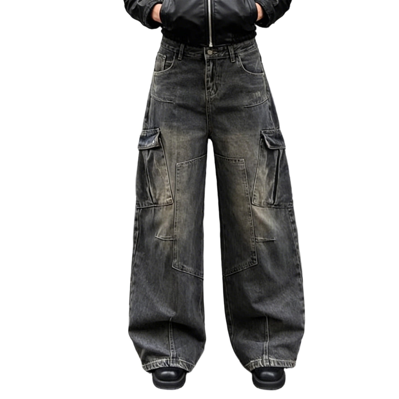 Womens Barrel Jeans Washed Distressed Wide Leg Cargo Denim Pants Loose ...