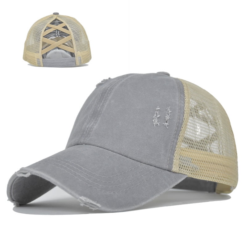 Womens Baseball Cap Distressed Ponytail Messy Bun Trucker Ponycap Hats ...