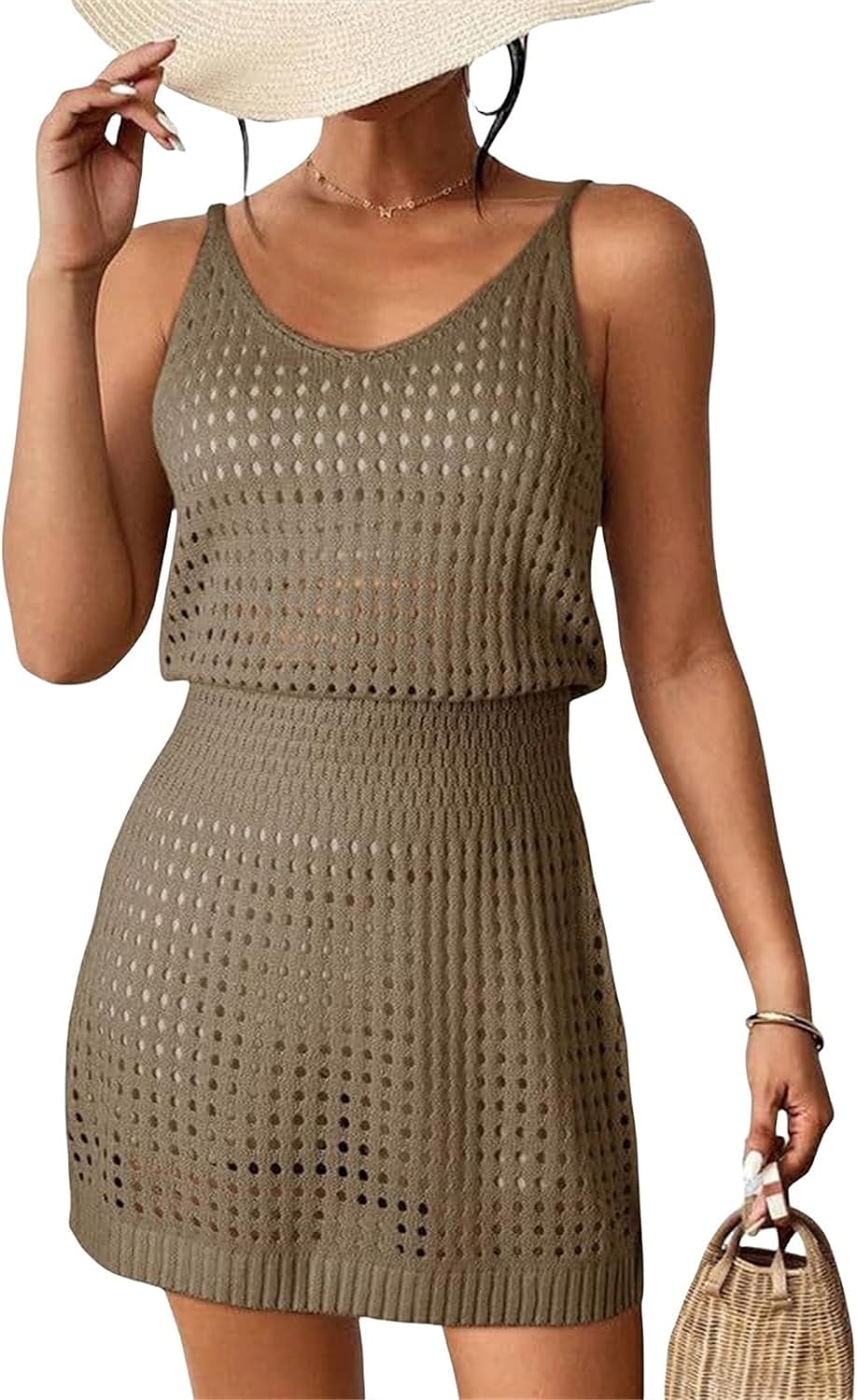 Womens Bathing Suit Coverup Dresses Crochet Hollow Out V Neck Dress ...