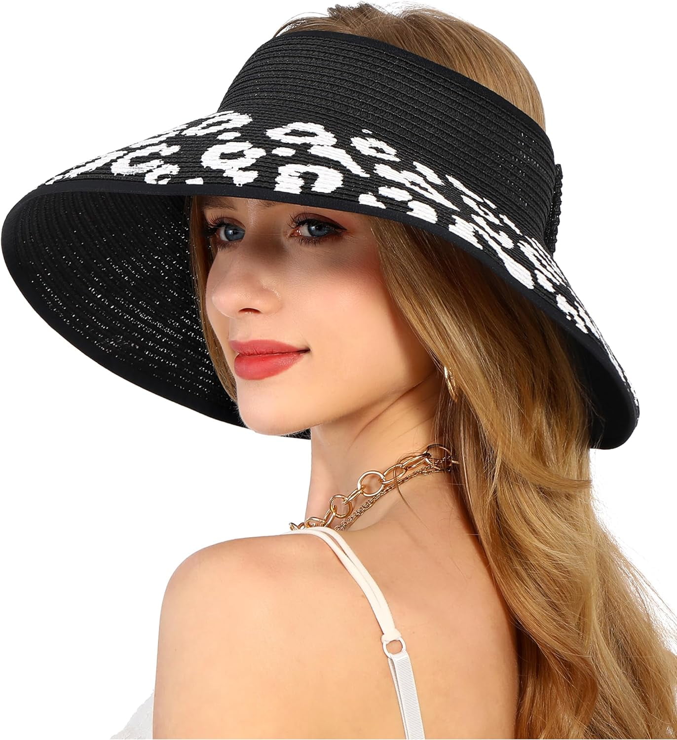 Womens Beach Straw Sun Hats Ponytail Hole Wide Brim Summer Visor ...
