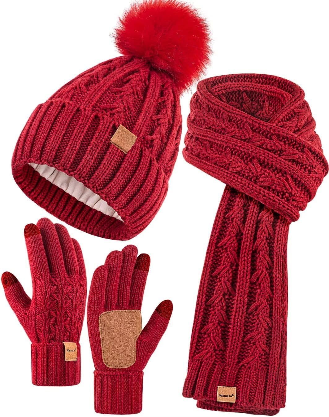 Womens Beanie Hat Scarf Gloves Set, Fleece Lined Winter Hat with Pom ...