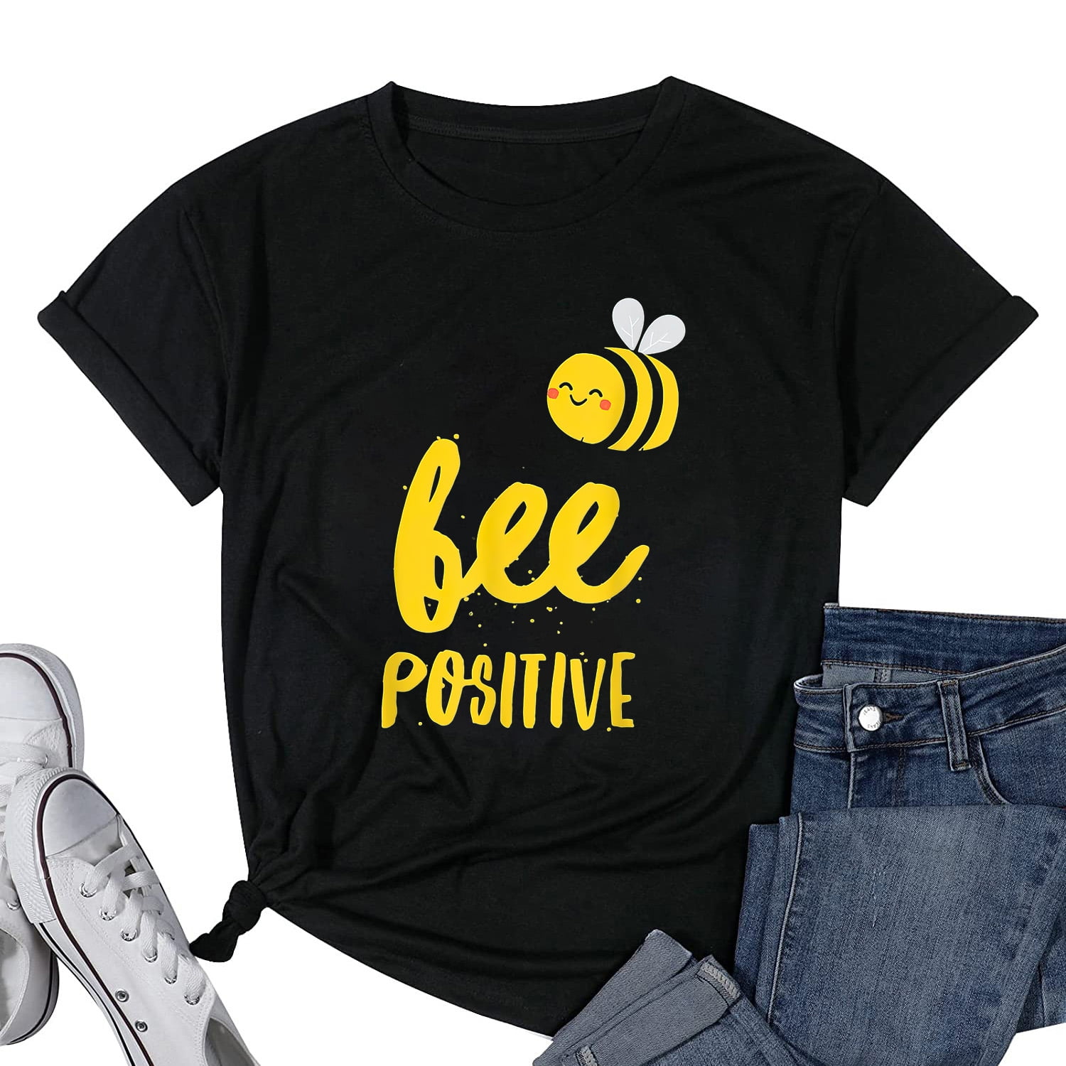 Womens Bee Positive Bumblebee Blue Stripe Design with Cute Bee T-Shirt ...