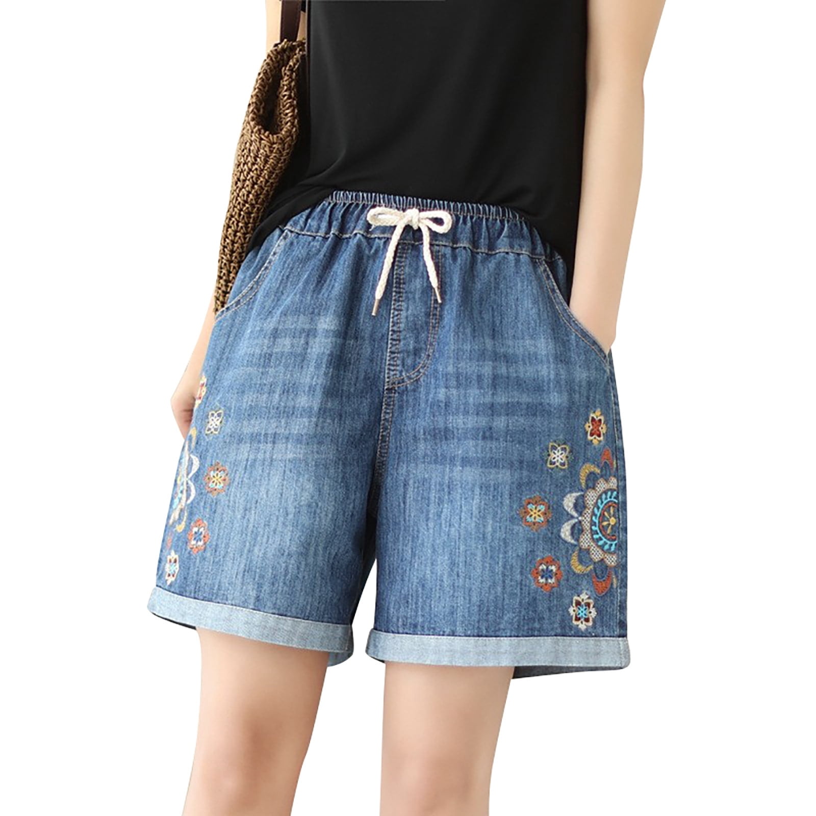 Womens Bermuda Ripped Jeans Shorts Summer National Wind Embroidery ...