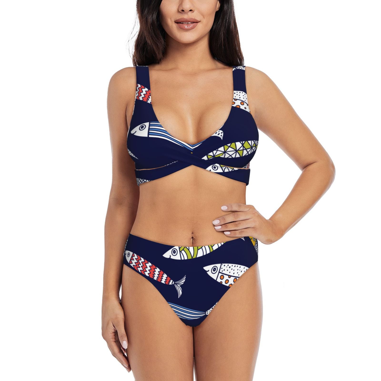 Womens Bikini Sets Two Piece, Boho Style Fish Cross Design Swimsuit High Waisted Bathing Suit ...