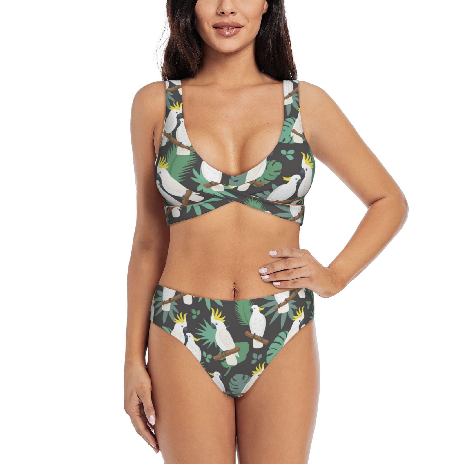 Womens Bikini Sets Two Piece, Cartoon Cute Cockatoo Parrot Cross Design Swimsuit High Waisted ...
