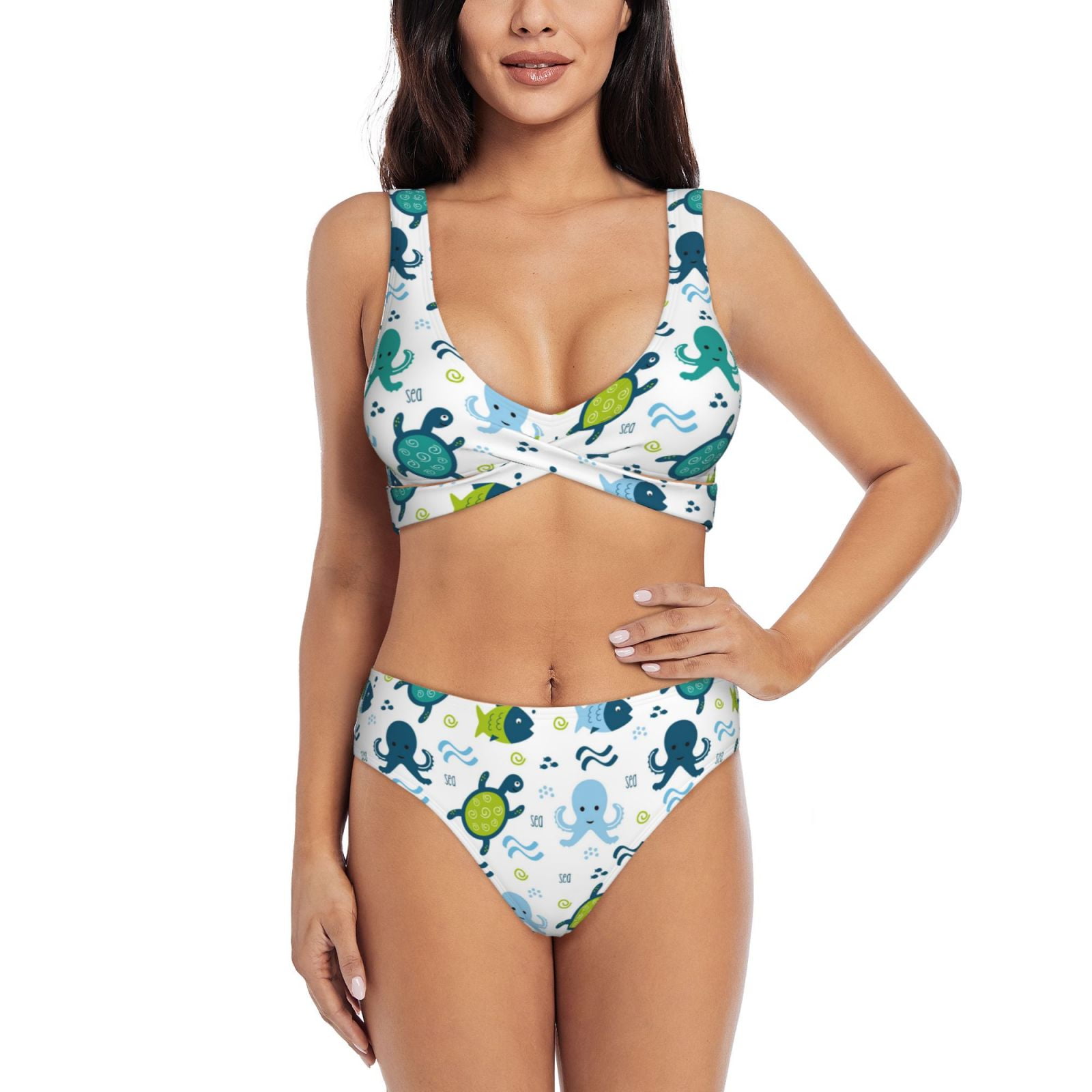 Womens Bikini Sets Two Piece, Cartoon Sea Creatures Cross Design Swimsuit High Waisted Bathing ...