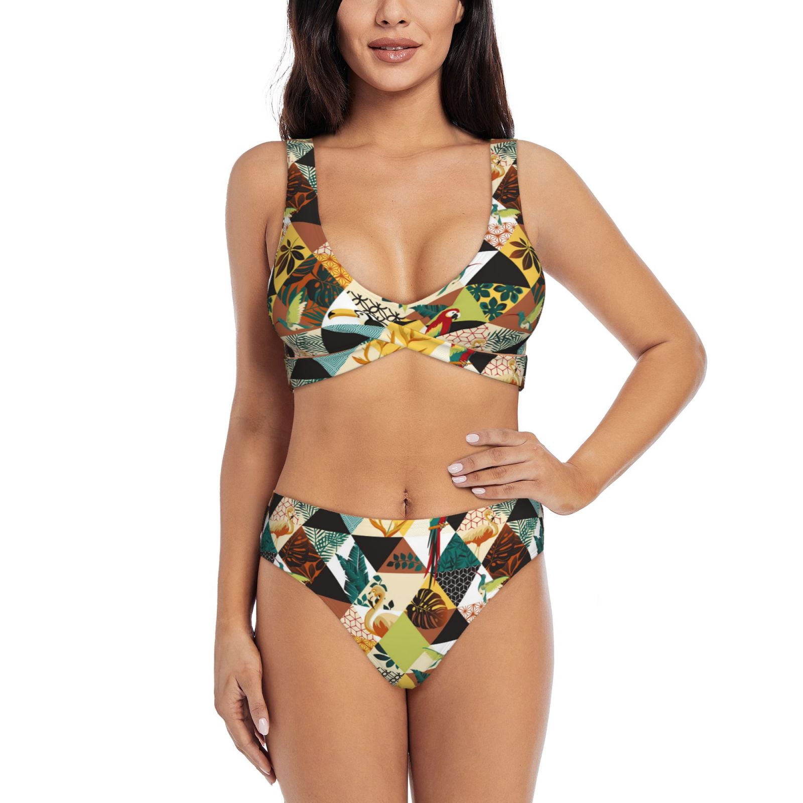 Womens Bikini Sets Two Piece, Tropical Parrot Flamingo Bird Cross Design Swimsuit High Waisted ...