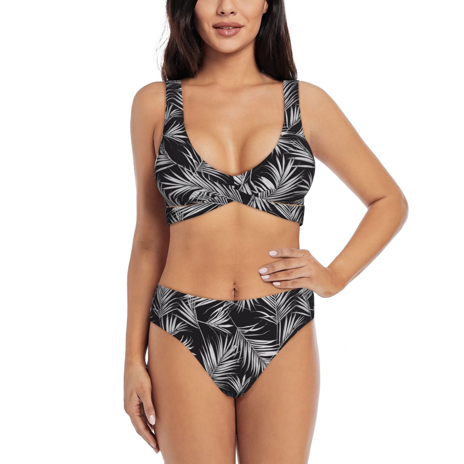 Womens Bikini Sets Two Piece, White Palm Leaves_G Cross Design Swimsuit High Waisted Bathing ...