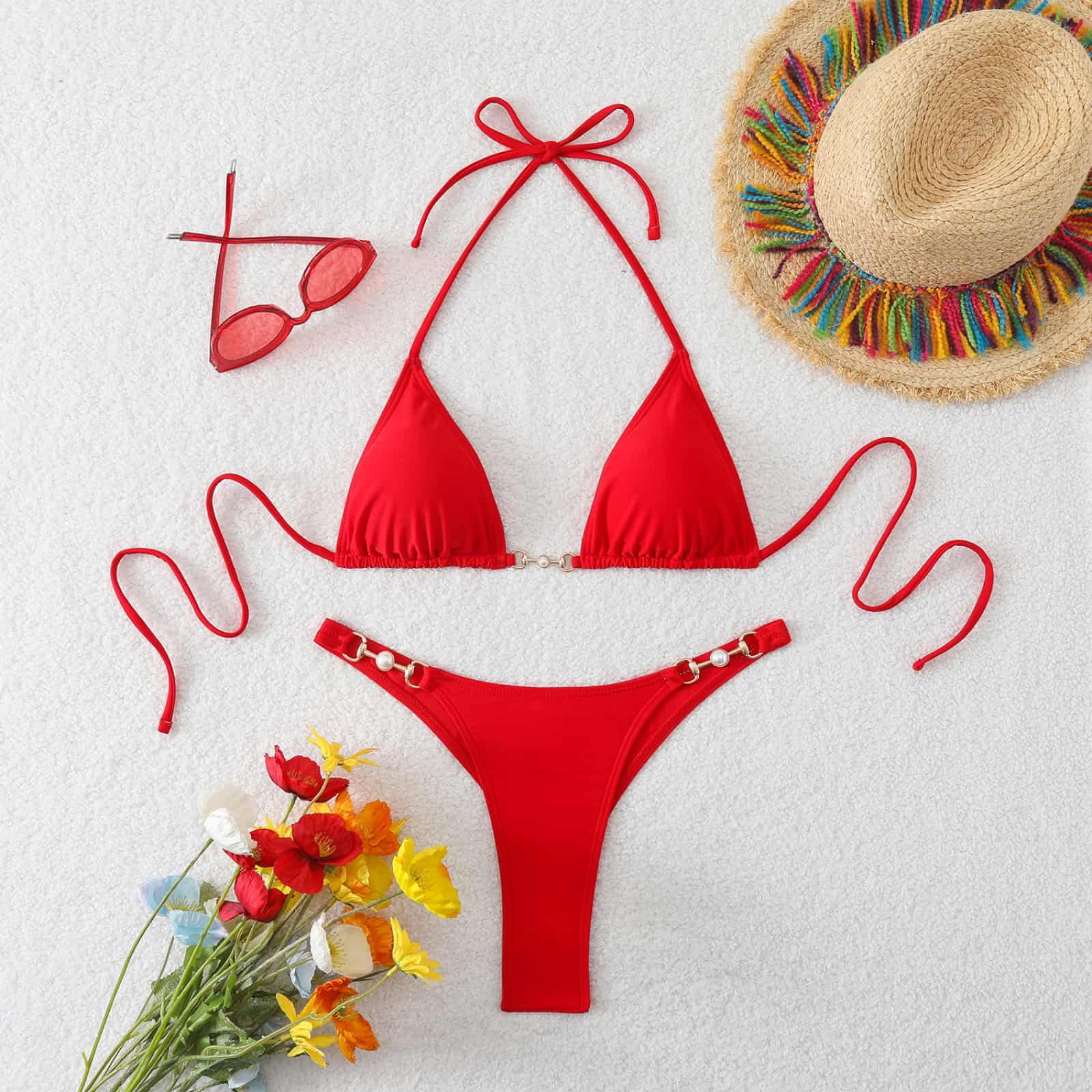 Womens Bikini Two Piece Triangle Halter Swimsuit Metal Decor Cheeky ...