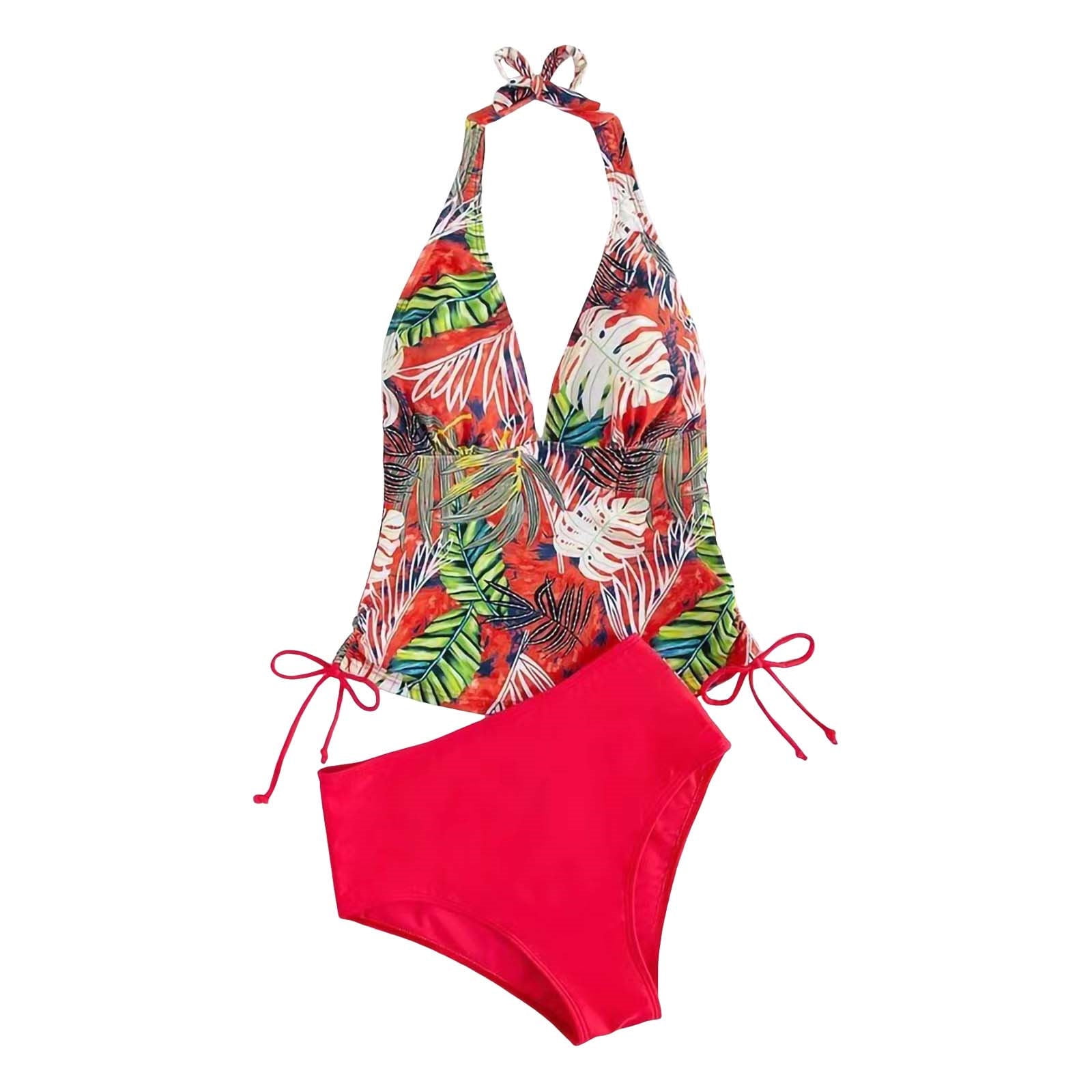 Womens Bikinis Sexy Split Triangle Band Pure Colored Leaf Printing