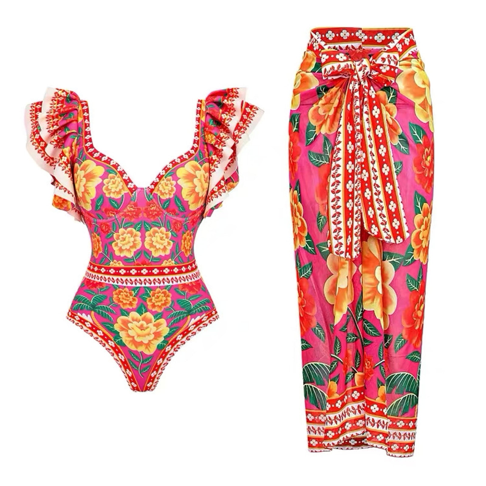Womens Bikinis Vintage Ethnic Print Ruffle One Piece Monokini With