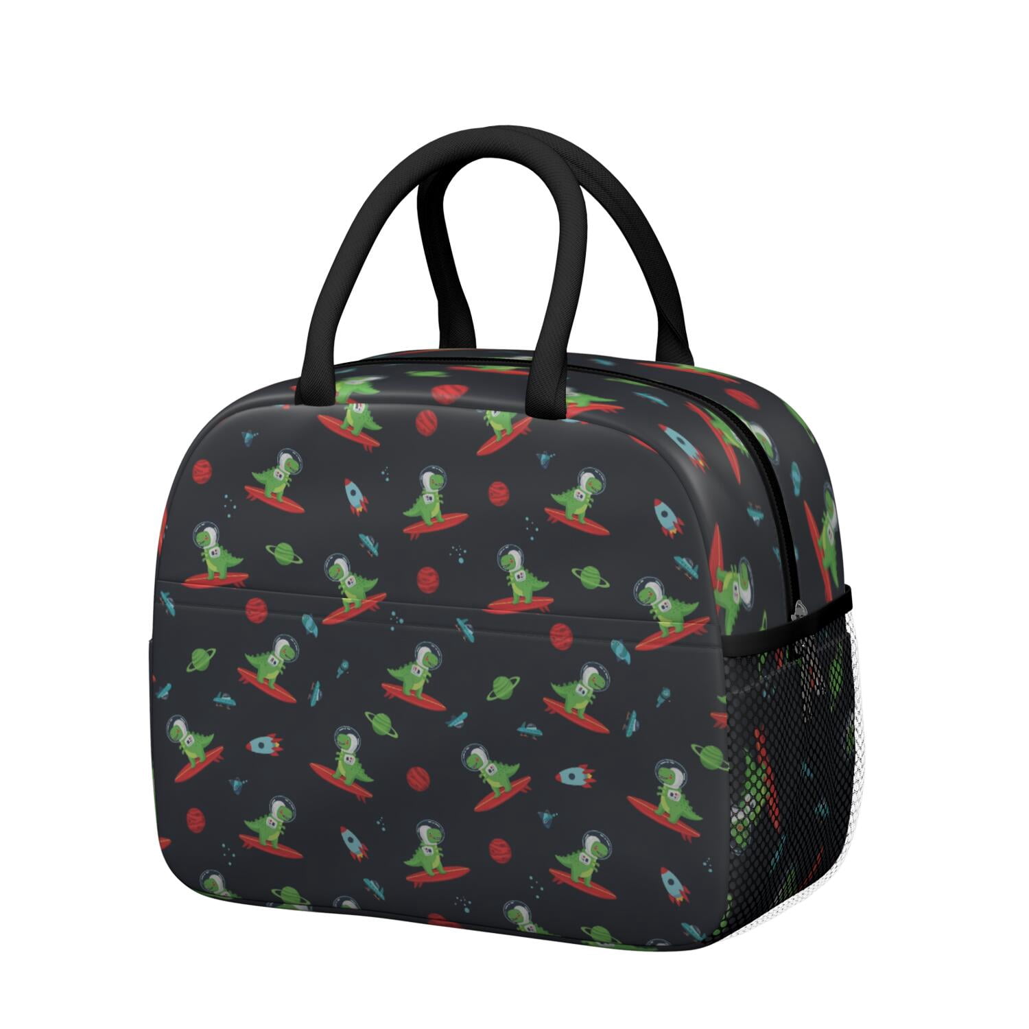 Womens Black Dinosaurs Space Surfing Pattern Lunch Box for Work ...
