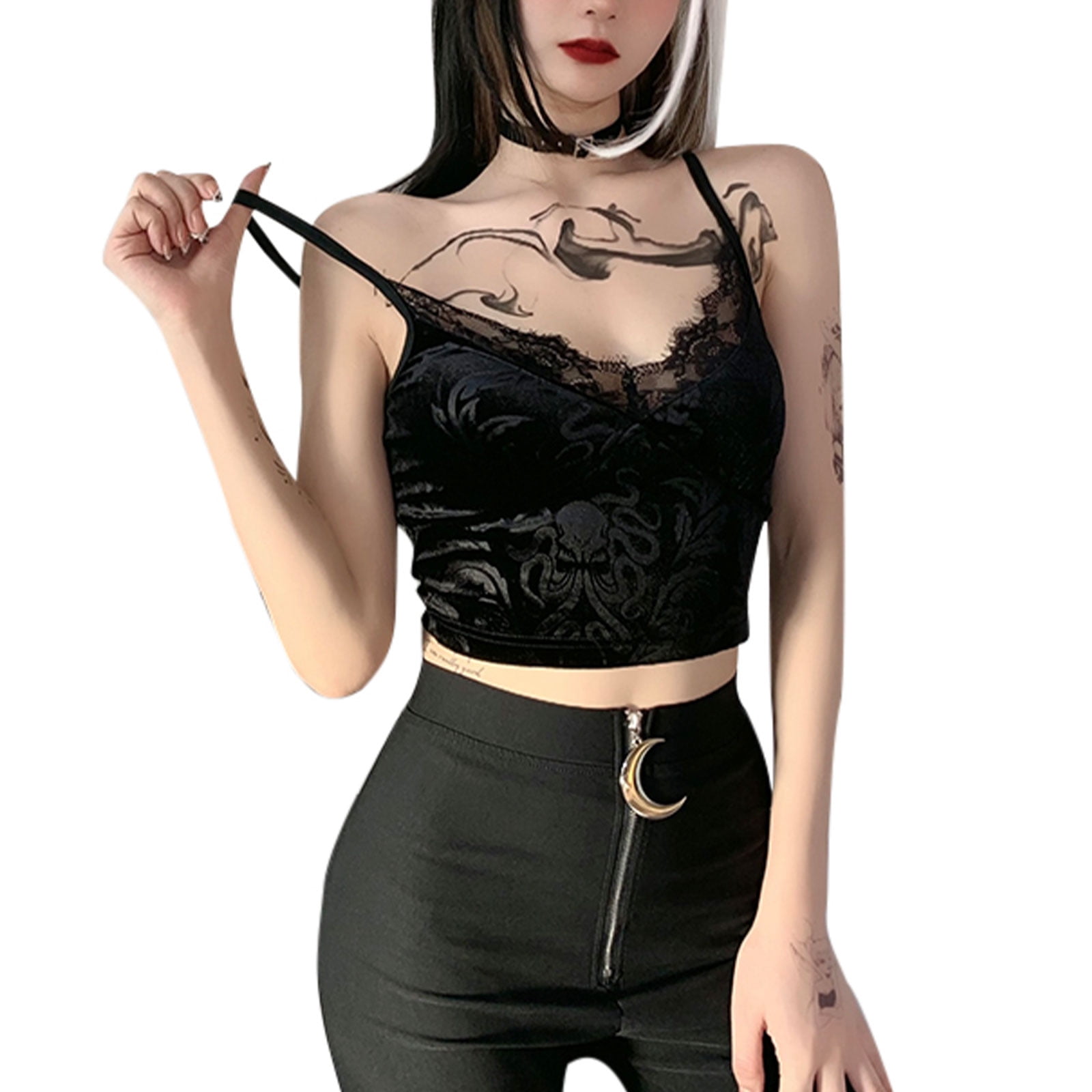 Womens Black Lace Trim Emo Crop Top Sexy Backless Strap TanksHarajuku Dark Punk E Girl ...