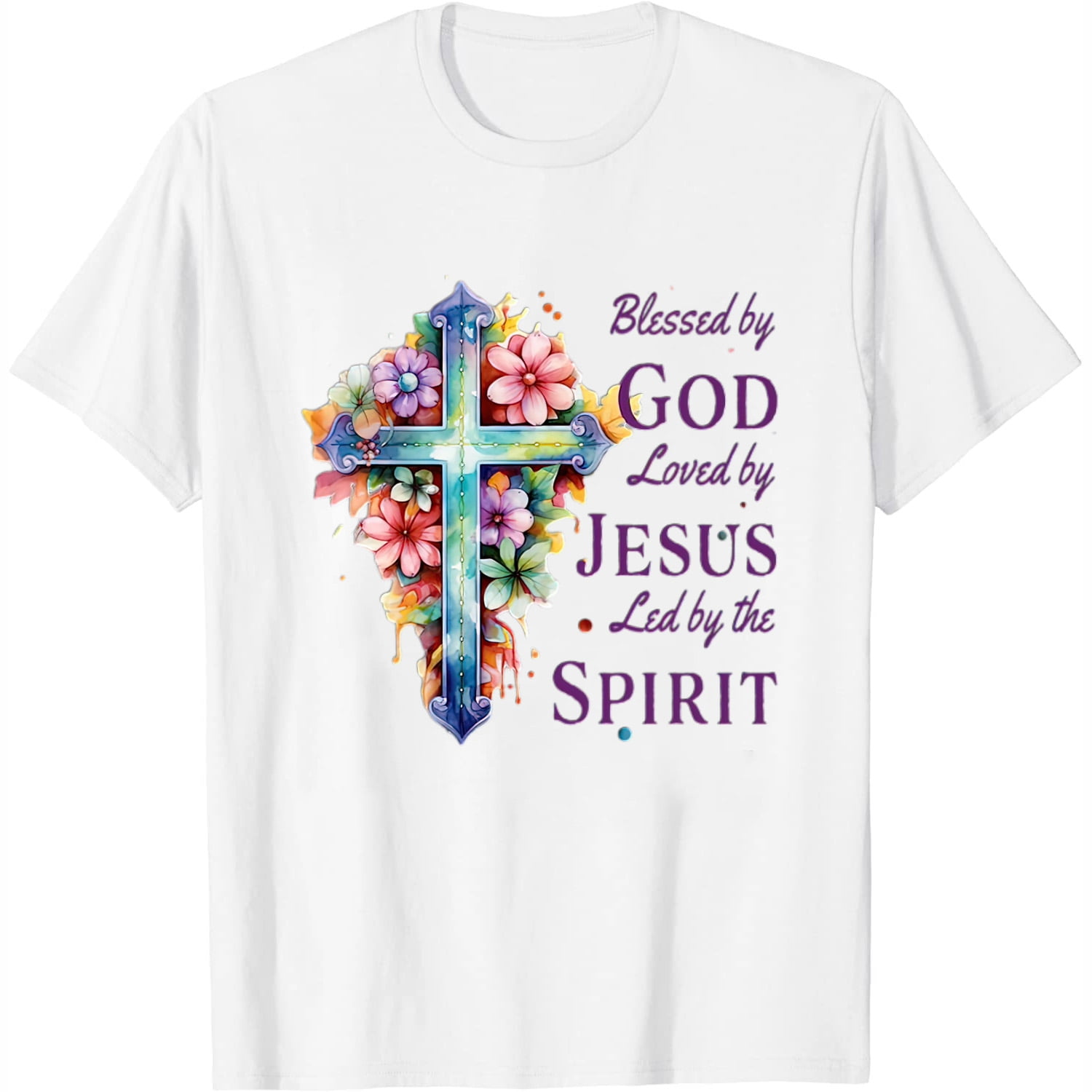Womens Blessed By God Loved By Jesus Floral Cross Short Sleeve T-Shirt ...