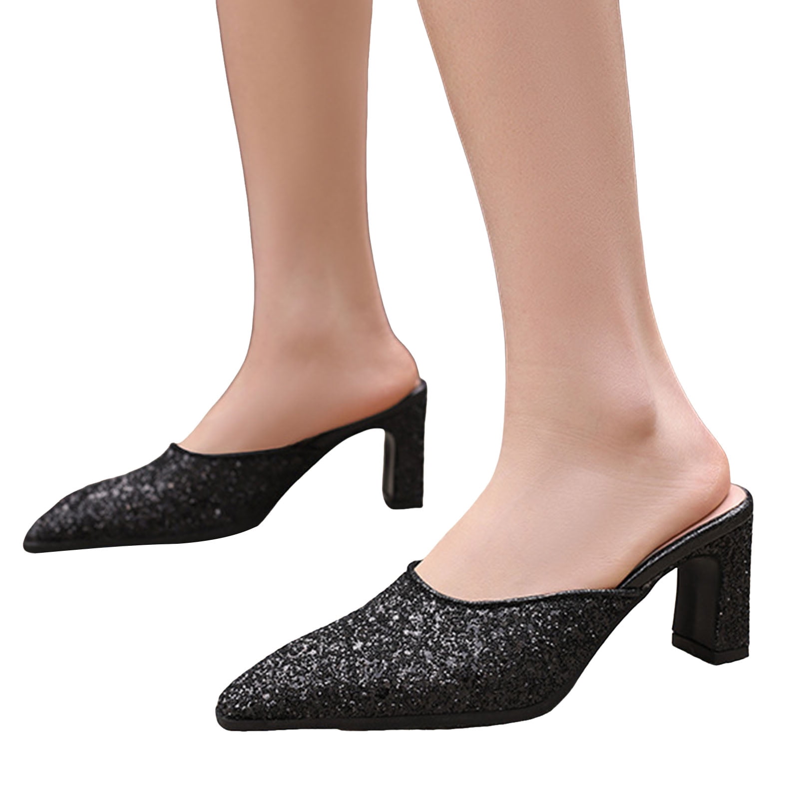 Womens Bling Sequin Mules Bridal Wedding Sparkly Pointed Toe Chunky ...