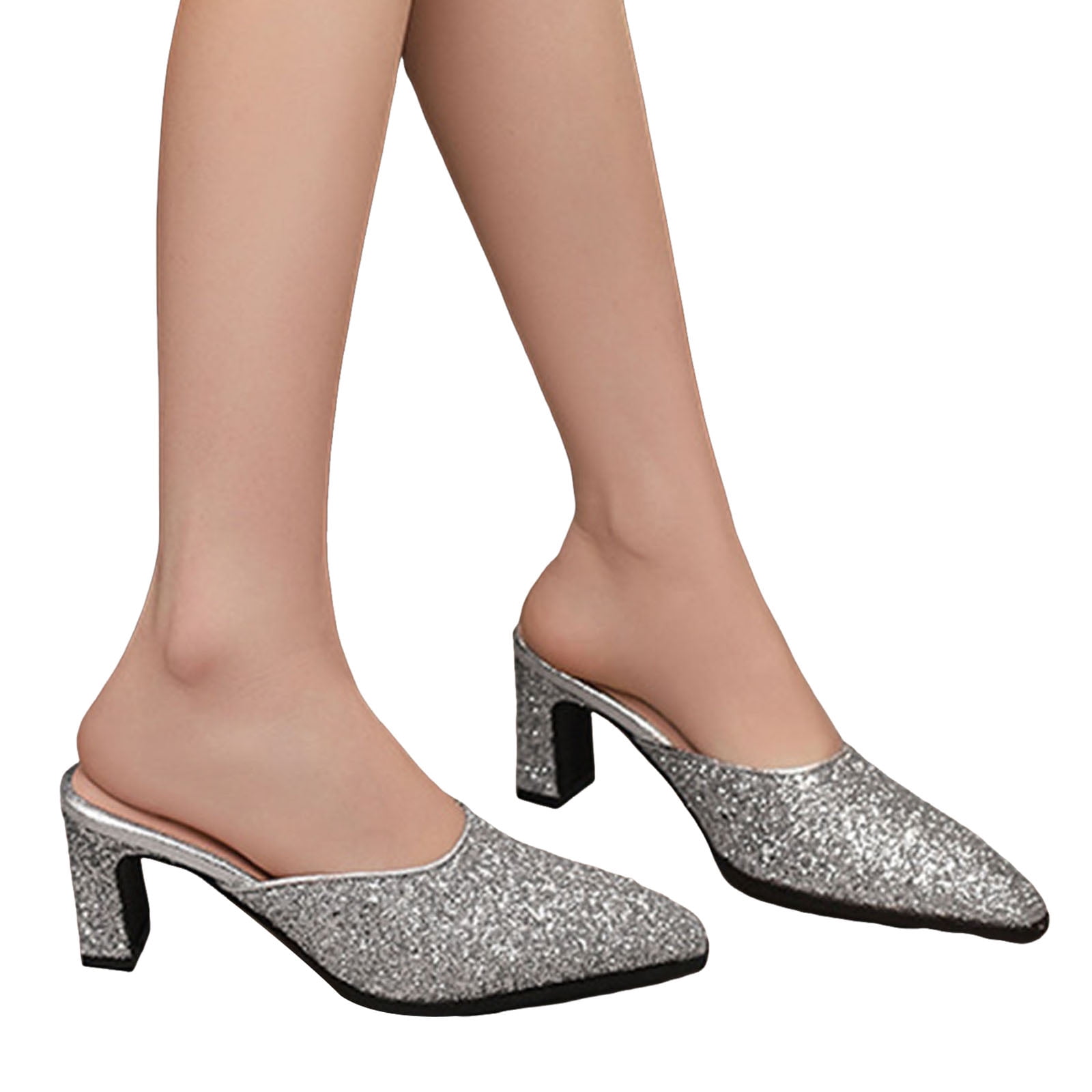 Womens Bling Sequin Mules Bridal Wedding Sparkly Pointed Toe Chunky ...