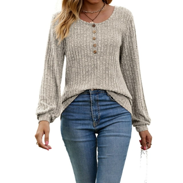 Womens Blouse Button Down Tops Puff Long Sleeve Shirts For Women Basic Solid Color Fall Ladies ...