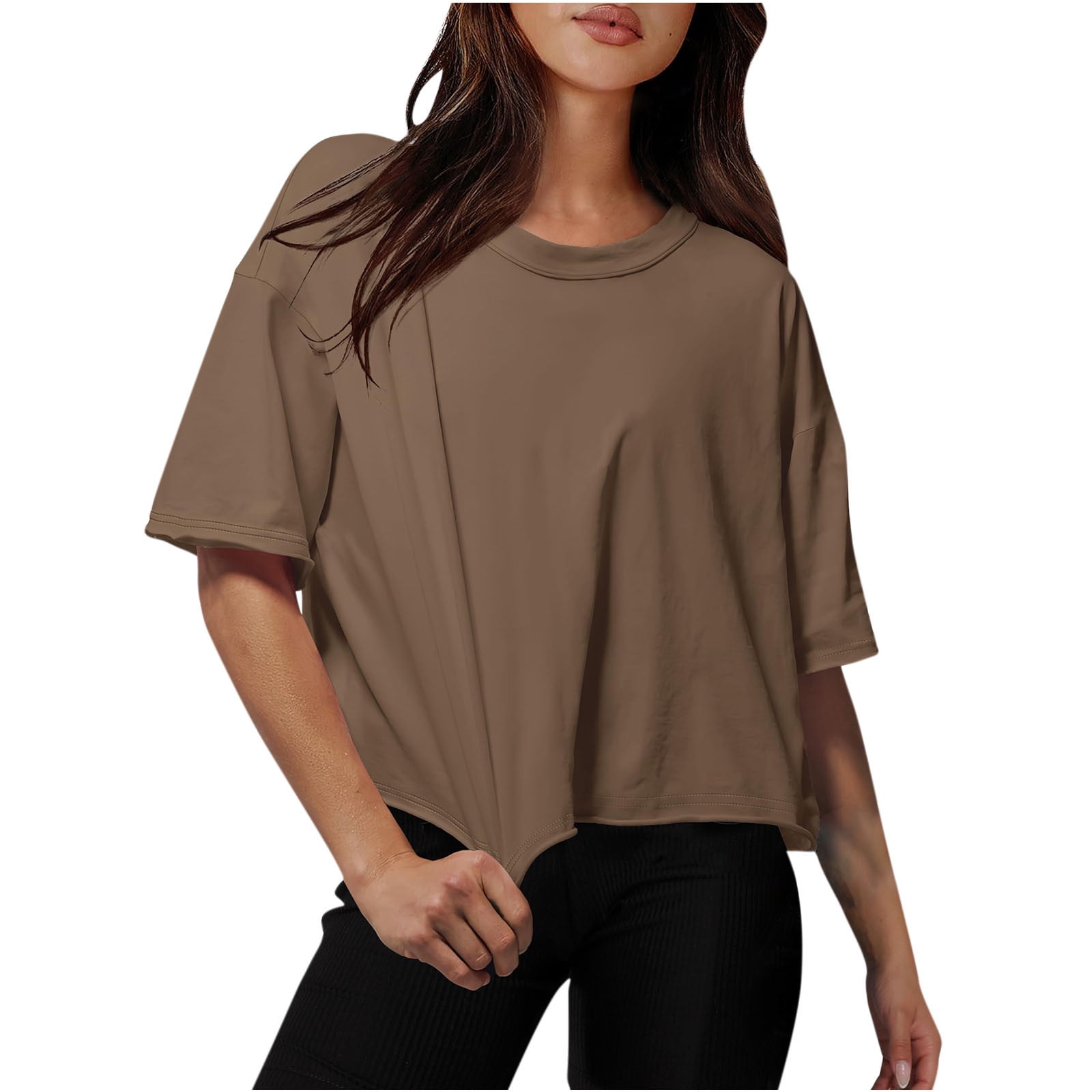 Womens Blouse Plus Size Drop Shoulder Round Neck Oversized Crop Workout ...
