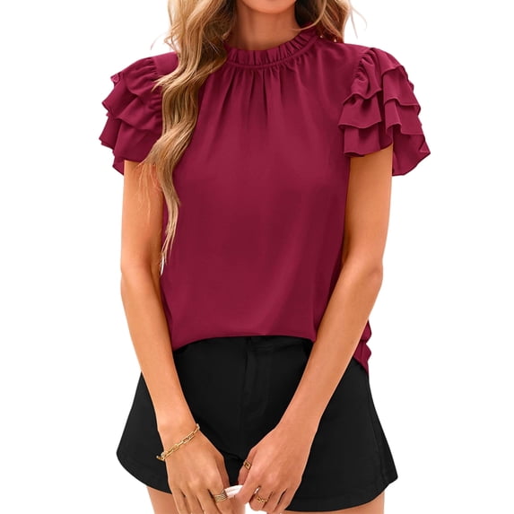 Womens Blouse Spring Summer Dressy Casual Ruffle Short Sleeve Frill ...