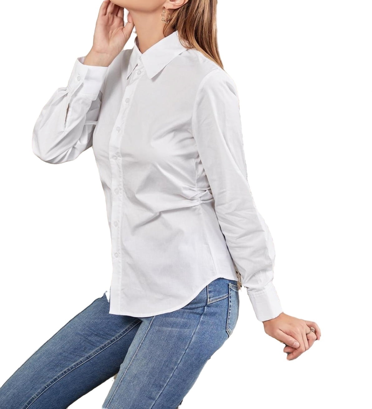 Womens Blouse Tops Button Up Solid Shirt White L - Walmart.com