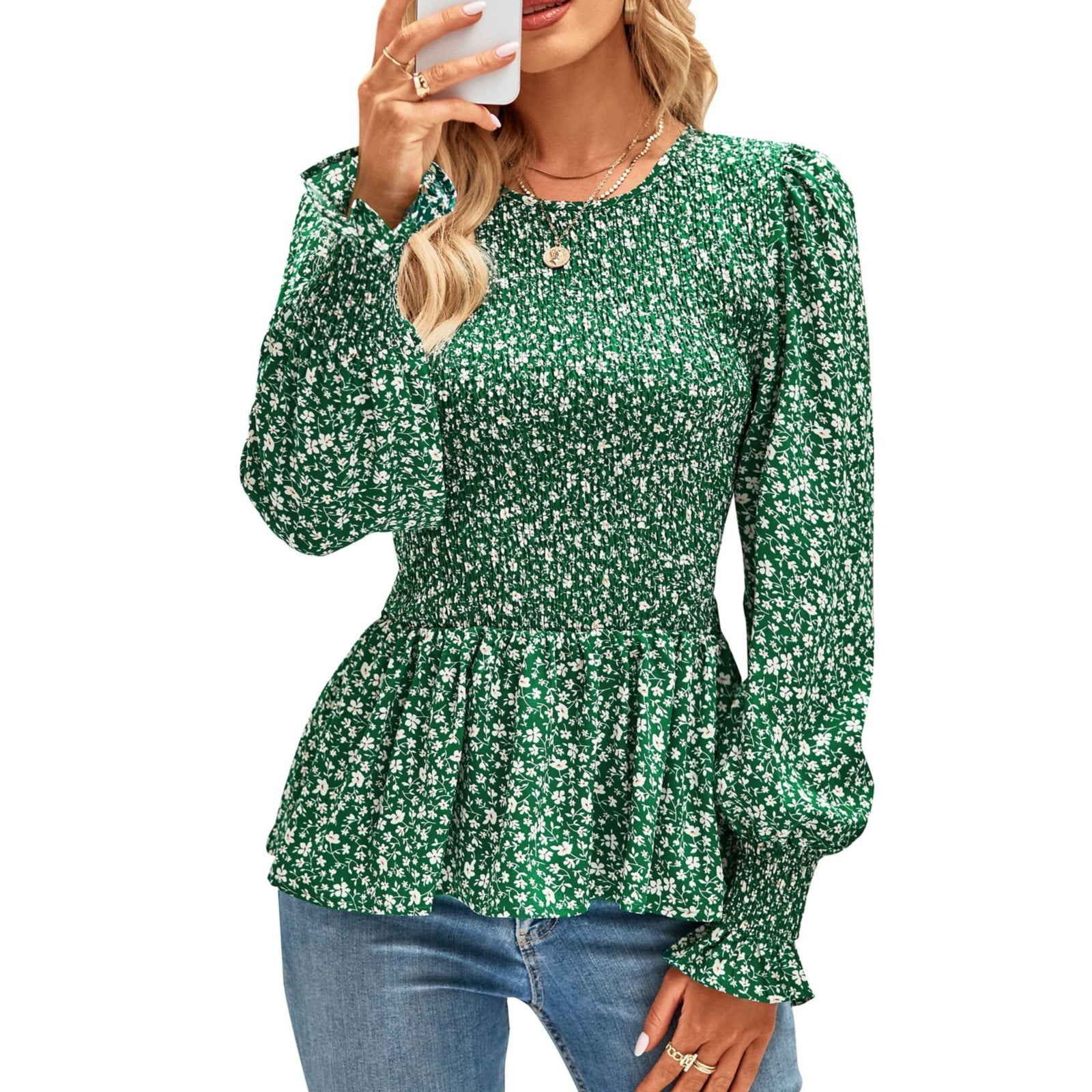 Womens Blouses Autumn Clothing Print Round Neck Pleated Fashion Long ...