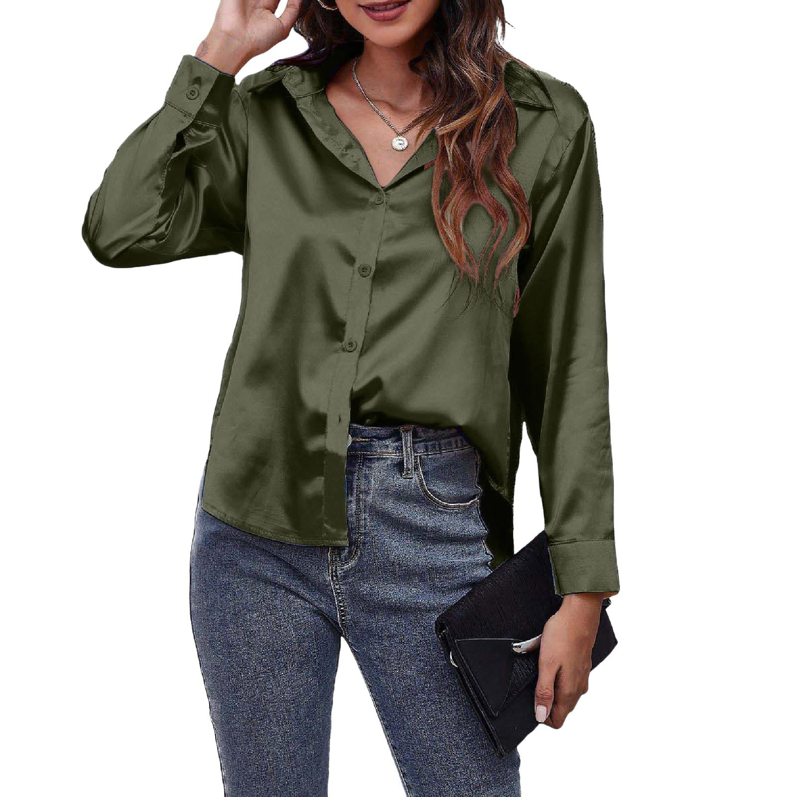 Womens Blouses Autumn Winter Satin Silk Solid Color Lapel Long Sleeve ...