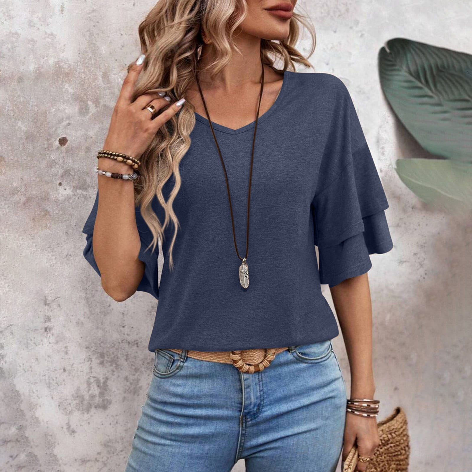 Womens Blouses Double Ruffle Sleeve Top V Neck Shirts Casual Outfit ...