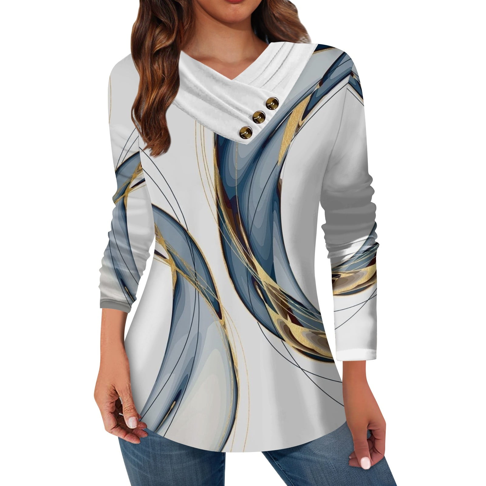 Womens Blouses Dressy Casual Fall Winter Color Block Button Trim Plus Size Sexy Tops Long Sleeve ...