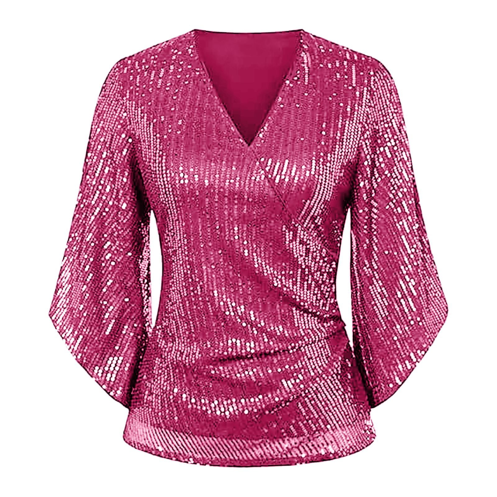Womens Blouses Plus Size, Womens Sequin Tops 3/4 Sleeve Glitter Sparkly ...