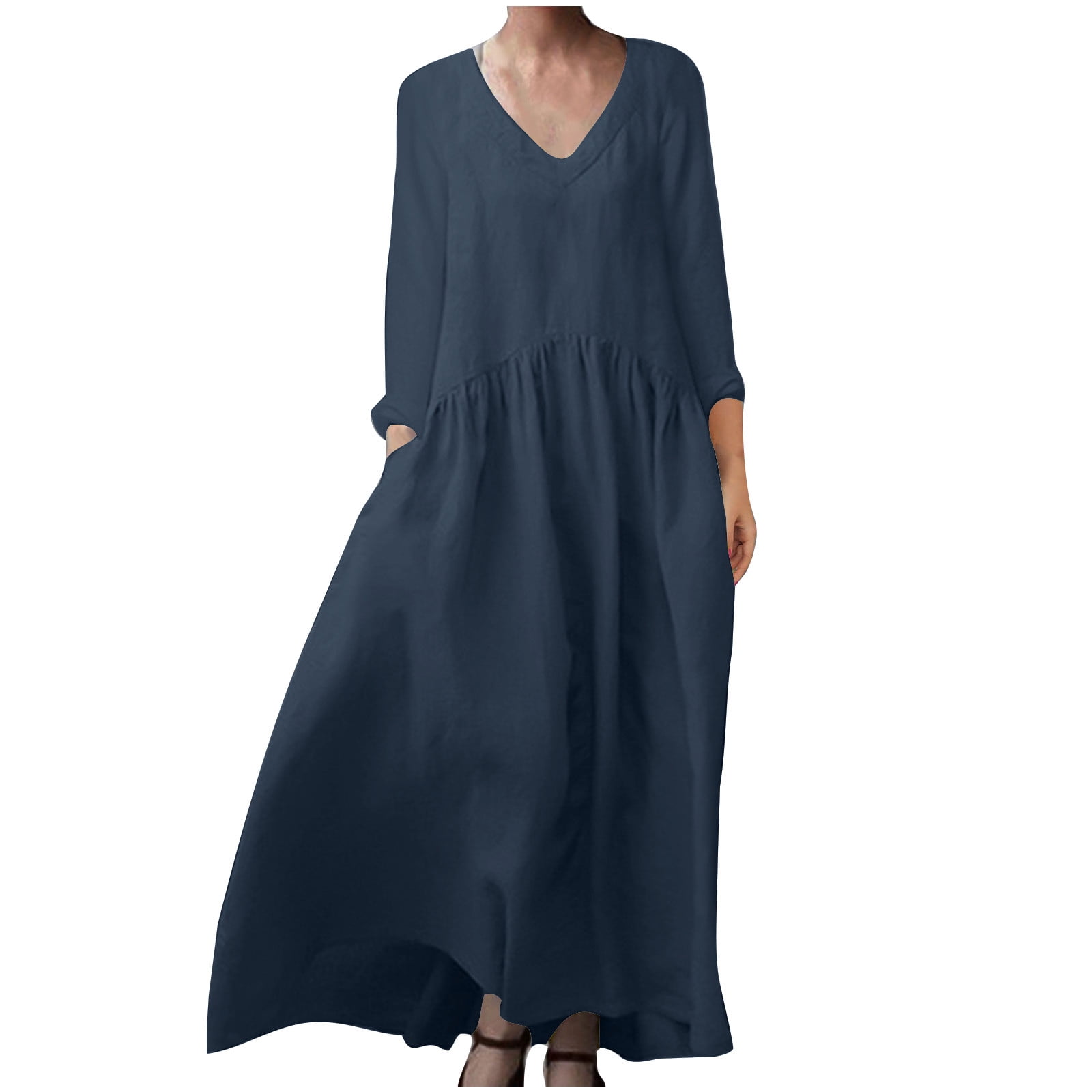 Womens Bohemian Cotton Linen Dresses Loose Long Sleeve Maxi Long Dress ...
