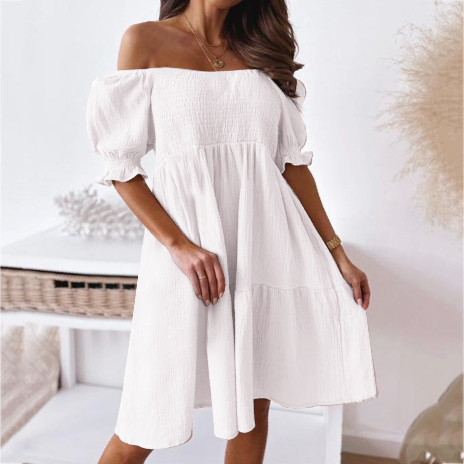 Womens Bohemian Summer Off Shoulder Cute Dress Puff Sleeve Ruffle Flowy ...
