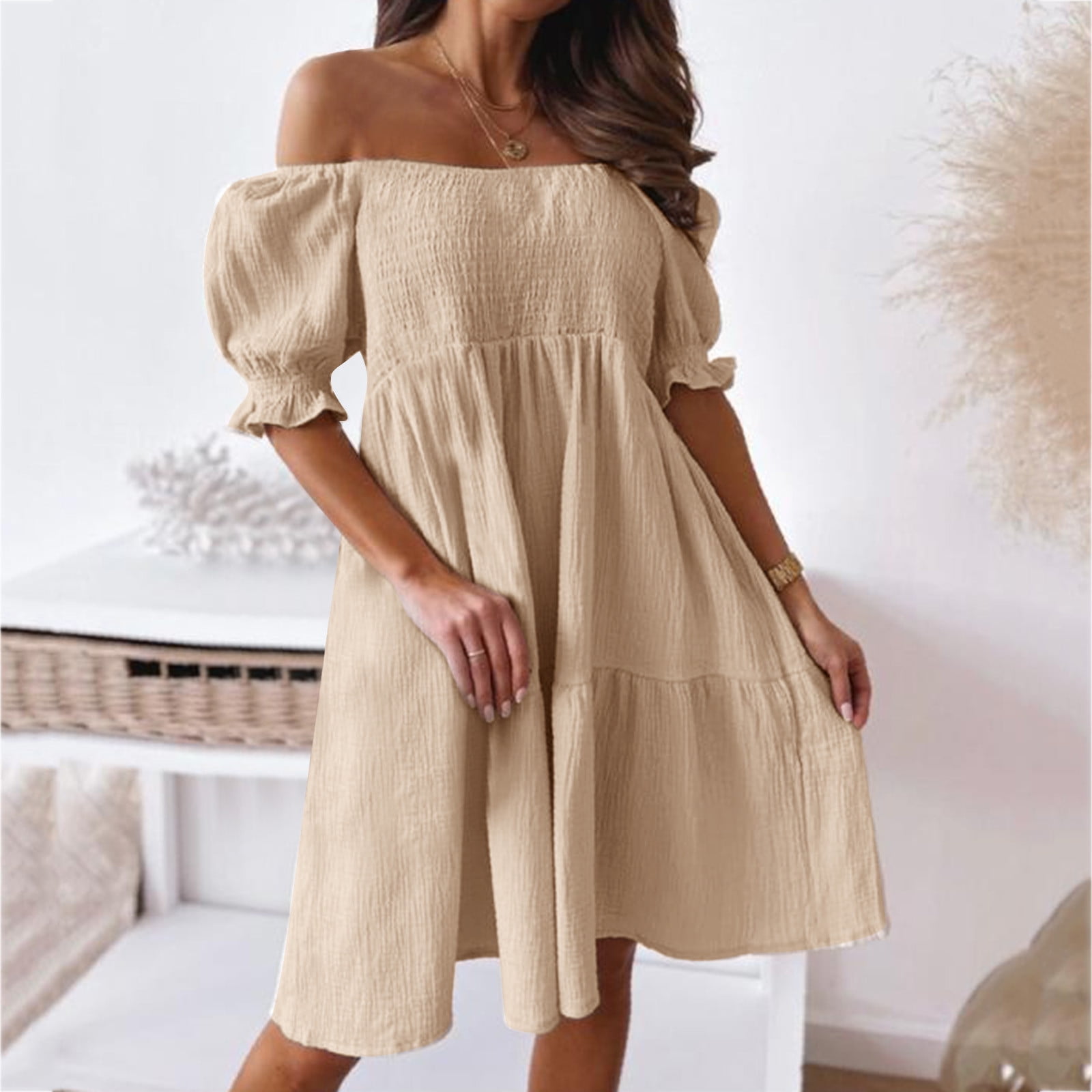 Womens Bohemian Summer Off Shoulder Cute Dress Puff Sleeve Ruffle Flowy ...