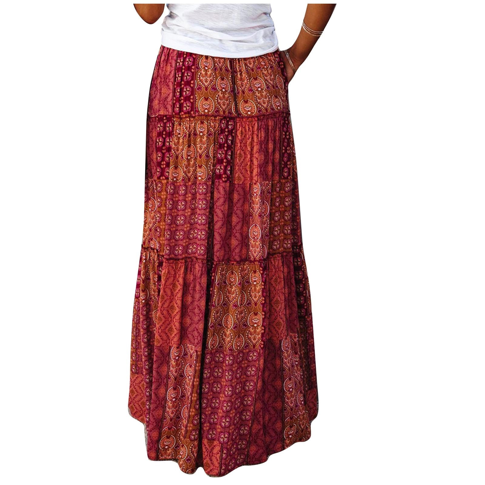 Womens Boho Floral Print Maxi Skirt Elastic High Waist Tiered Flowy ...