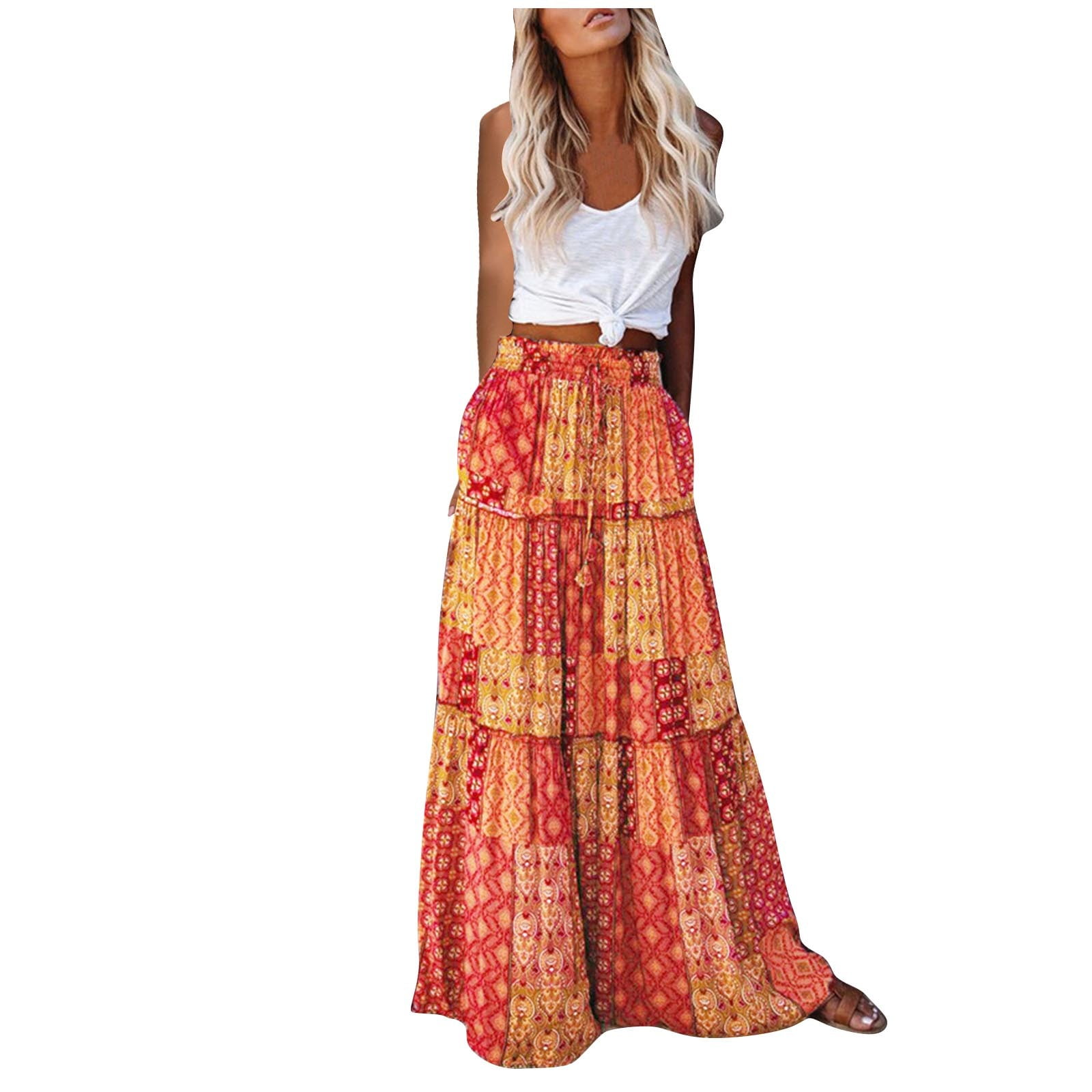 Womens Boho Floral Print Maxi Skirt Elastic High Waist Tiered Flowy ...