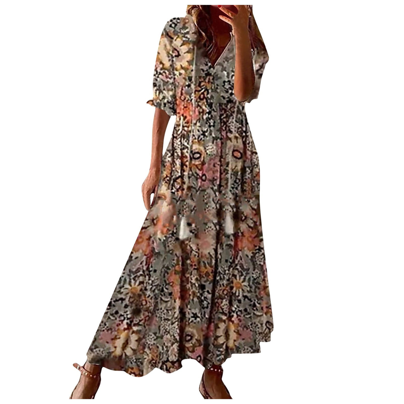 Womens Boho Summer Dress Frill Short Sleeve Tassel V Neck Ruffle Flowy ...