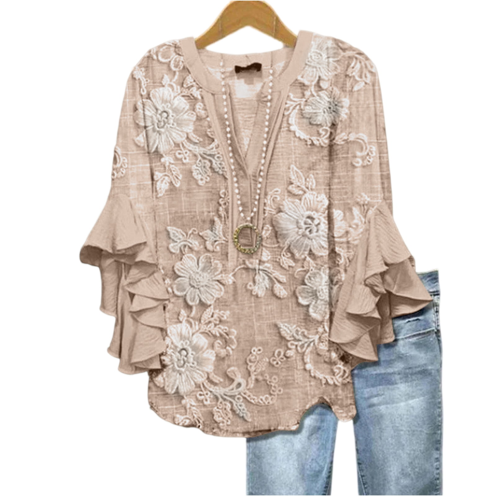 Womens Boho V Neck Blouse Floral Embroidered Lace Crochet Tops 3/4 ...