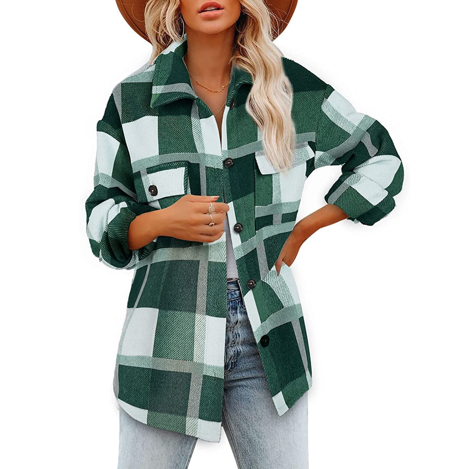 Womens Brushed Flannel Plaid Shacket Jackets 2024 Casual Long Sleeve ...