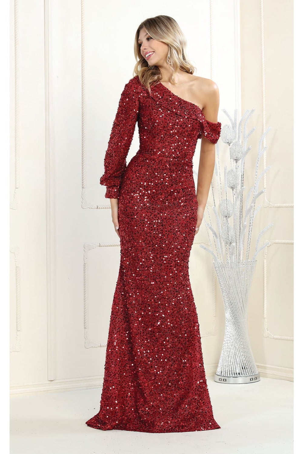 Womens Burgundy Prom Formal Red Carpet Long Asymmetrical One Sleeve ...